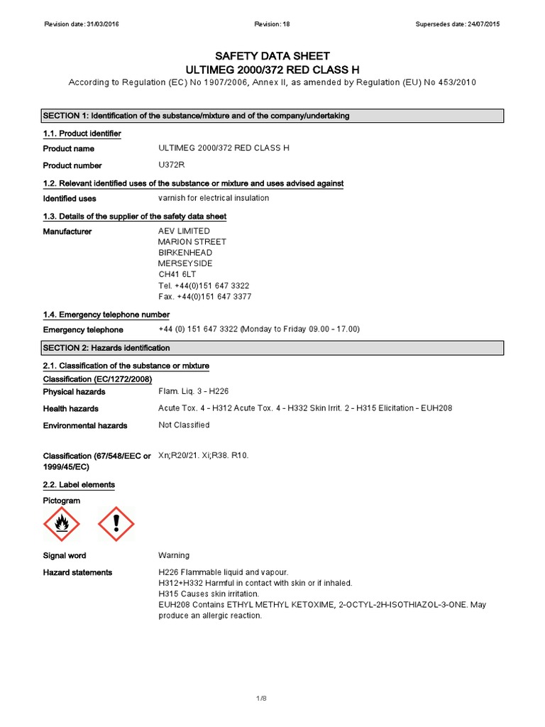 Aev Ultimeg 2000-372 Red (MSDS) | PDF | Carbon Dioxide | Firefighting