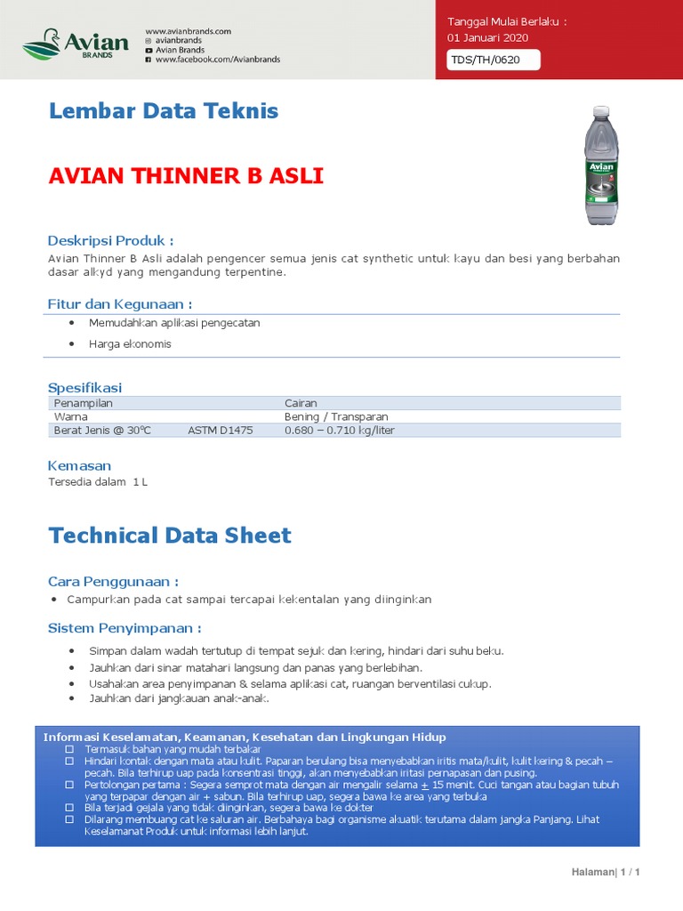 Avian Thinner B Asli (MSDS) | PDF