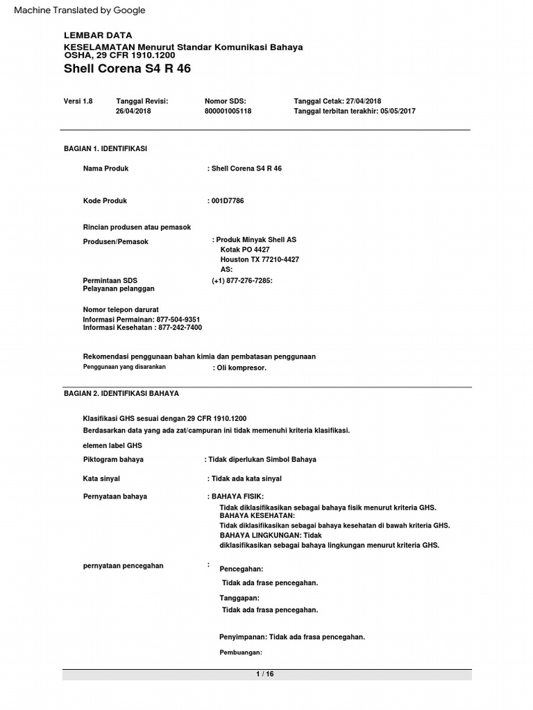 Msds Shell Corena s4 R 46 Indo | PDF
