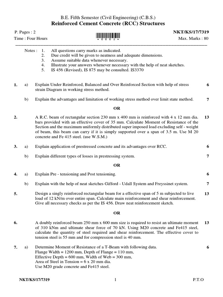 RCC Structures Exam Paper for Civil Engineering | PDF | Beam (Structure ...