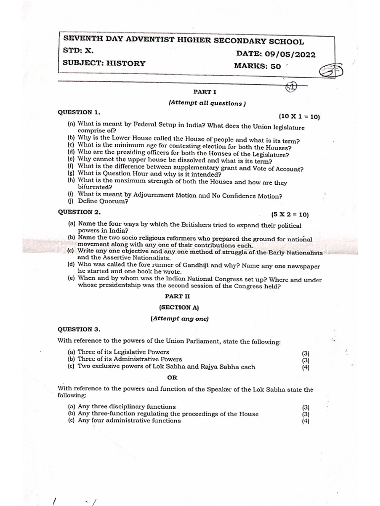 10th ICSE History &civics Question Paper (1st Unit Test 2022) | PDF