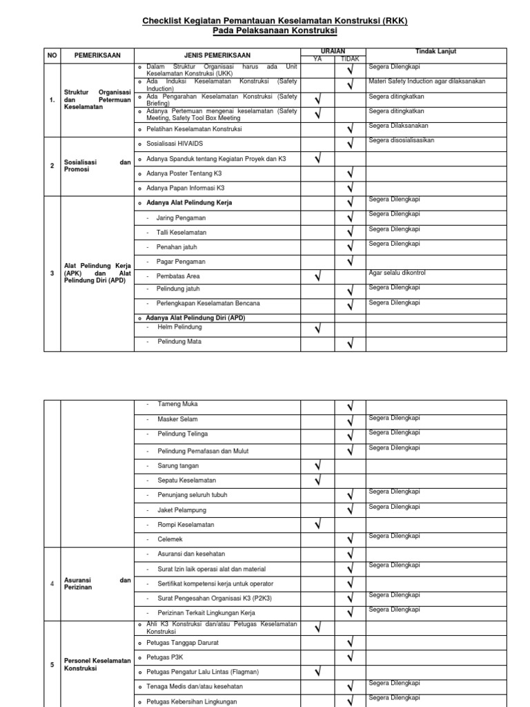 Checklist K3 Kontraktor Februari | PDF