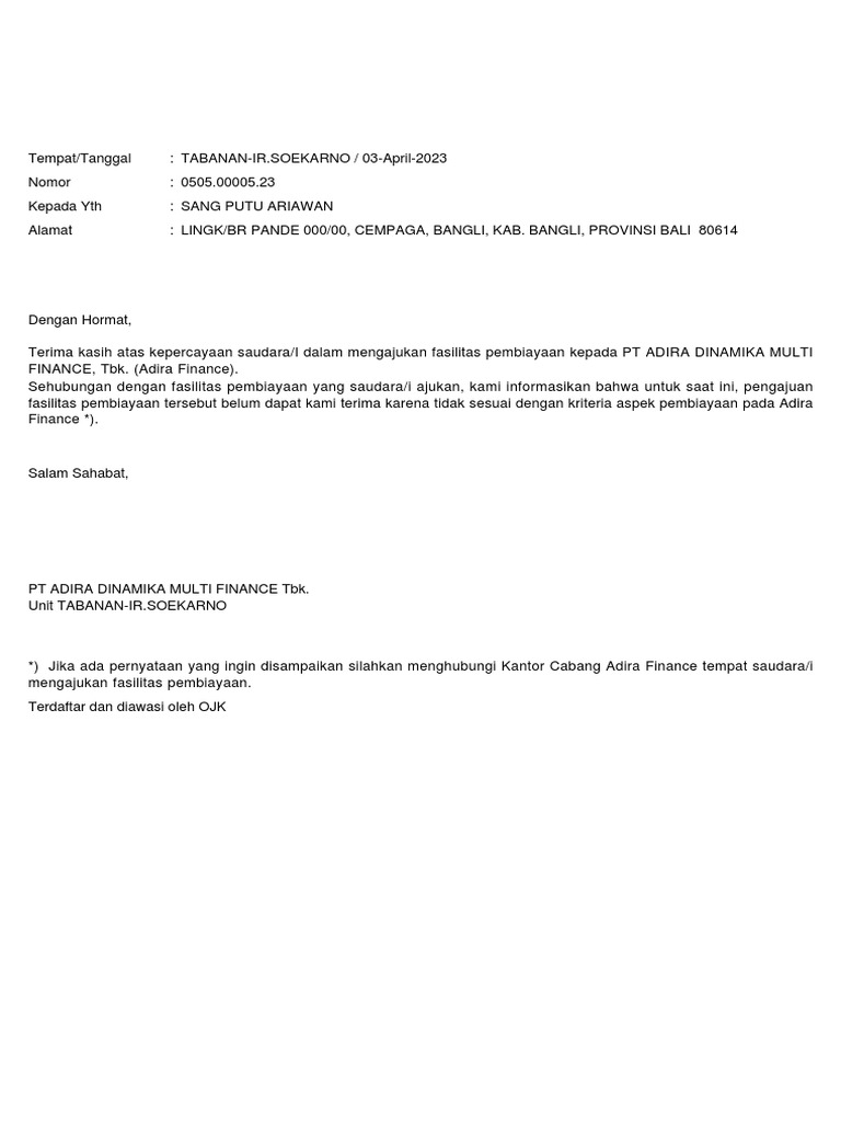 Surat Penolakan An. Sang Putu Ariawan | PDF | Bisnis