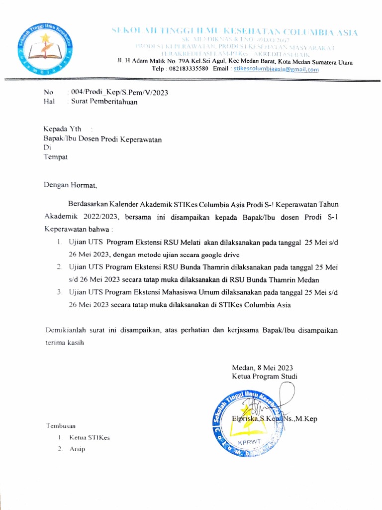 Surat Pemberitahuan Dan Jadwal Ujian UTS Eks 20222023 | PDF