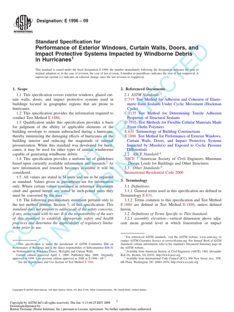Astm - E1996-09 | PDF | Window | Specification (Technical Standard)