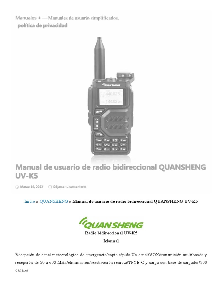 Manual de Usuario de La Radio Bidireccional QUANSHENG UV-K5 - Manuals+ ...