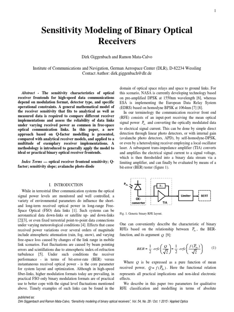 Sensitivity Modelling Optical Receivers-Giggenbach MataCalvo-ELIB-pub in OSA-AO-Oct2015 | PDF ...