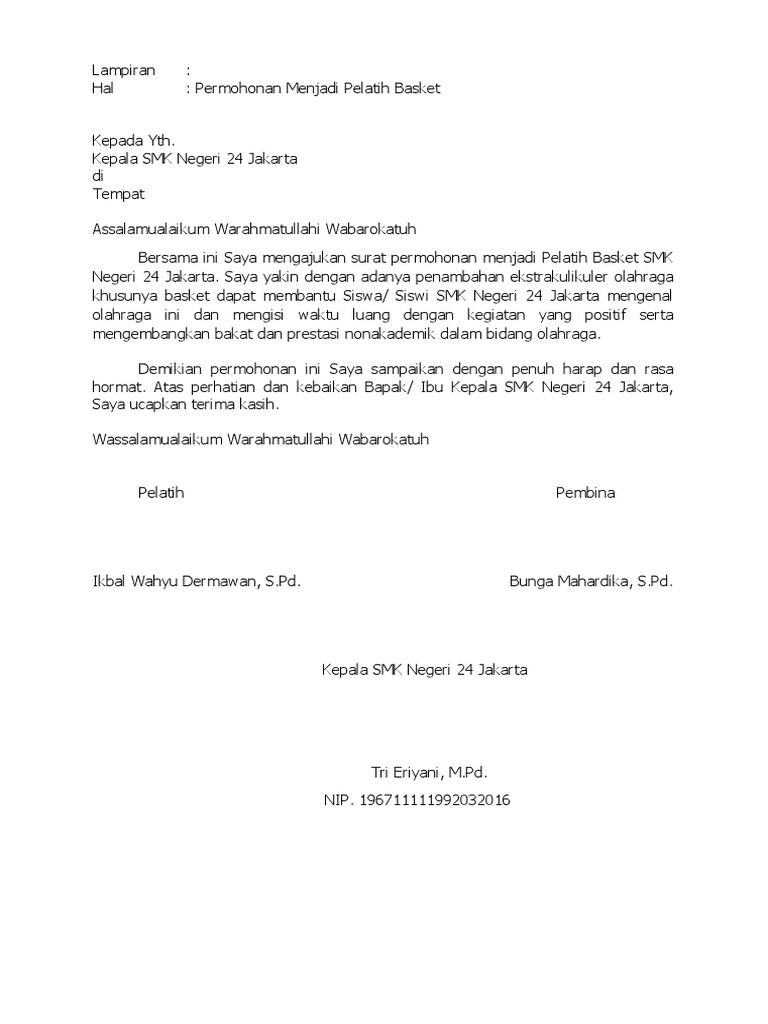 Permohonan Pelatih Ekstrakurikuler SMKN 24 Jakarta | PDF | Olahraga & Rekreasi | Gaya Hidup