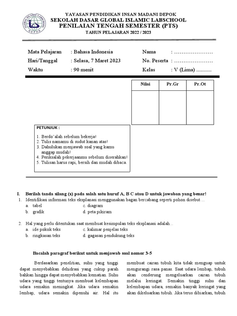 PTS Bahasa Indonesia Kelas V 2023 | PDF