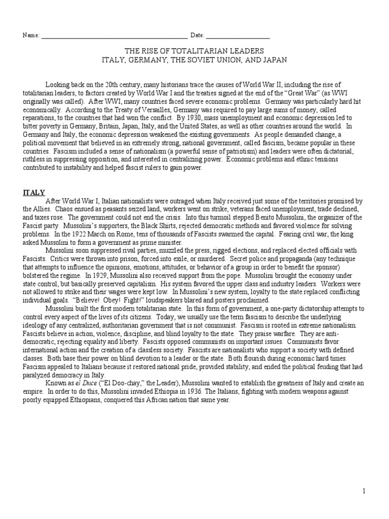 Rise of 20th Century Totalitarianism | PDF | Fascism | Benito Mussolini