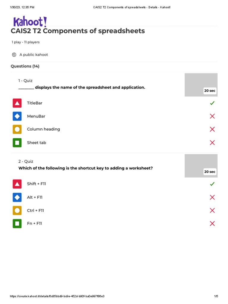 CAIS2 T2 Components of Spreadsheets - Details - Kahoot! | PDF | Spreadsheet | Worksheet