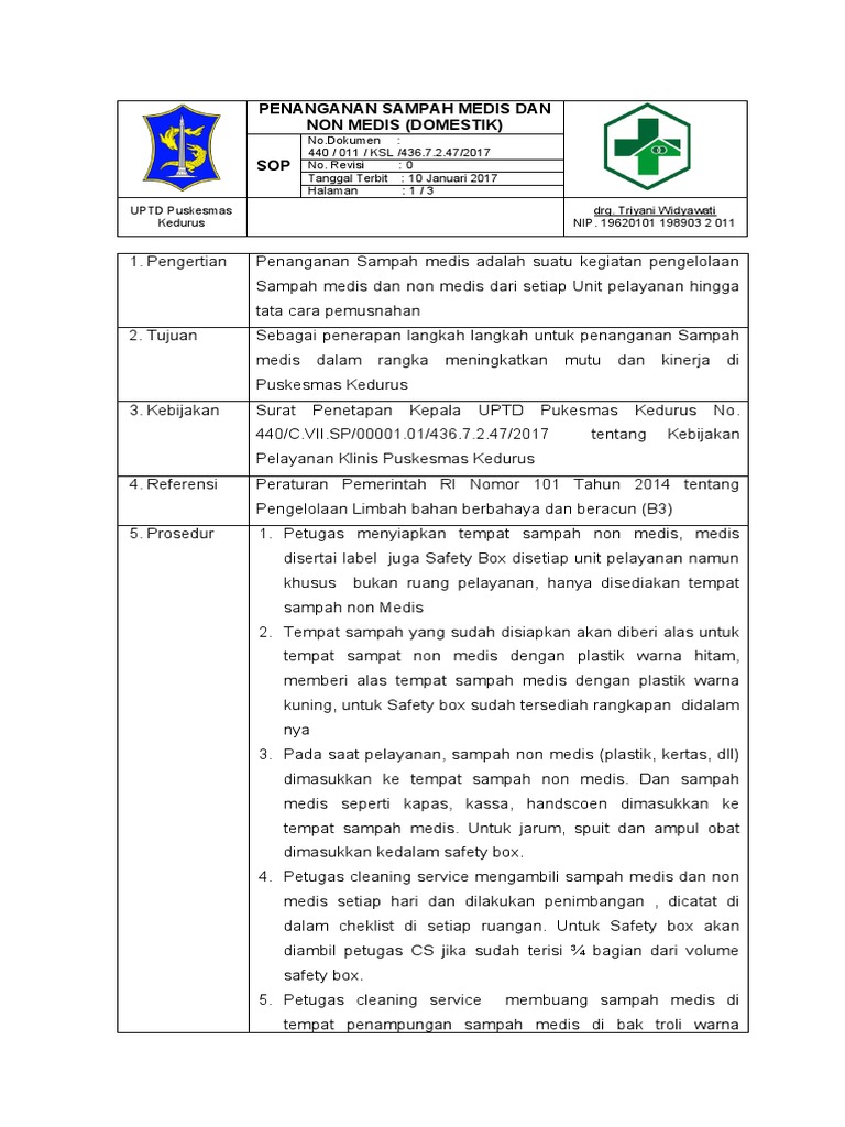 SOP PENANGANAN SAMPAH MEDIS Dan Non Medis - PKM Kedurus | PDF