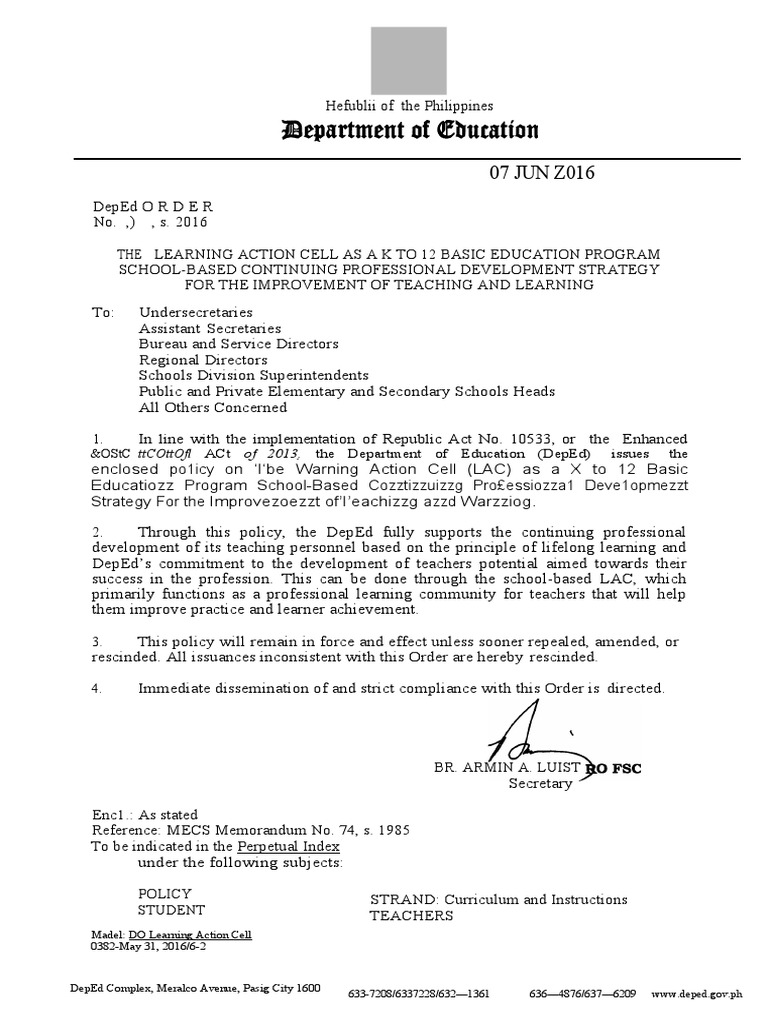 DO - s2016 - 035 CONDUCT OF LAC SESSION | PDF | Educational Assessment | Teachers