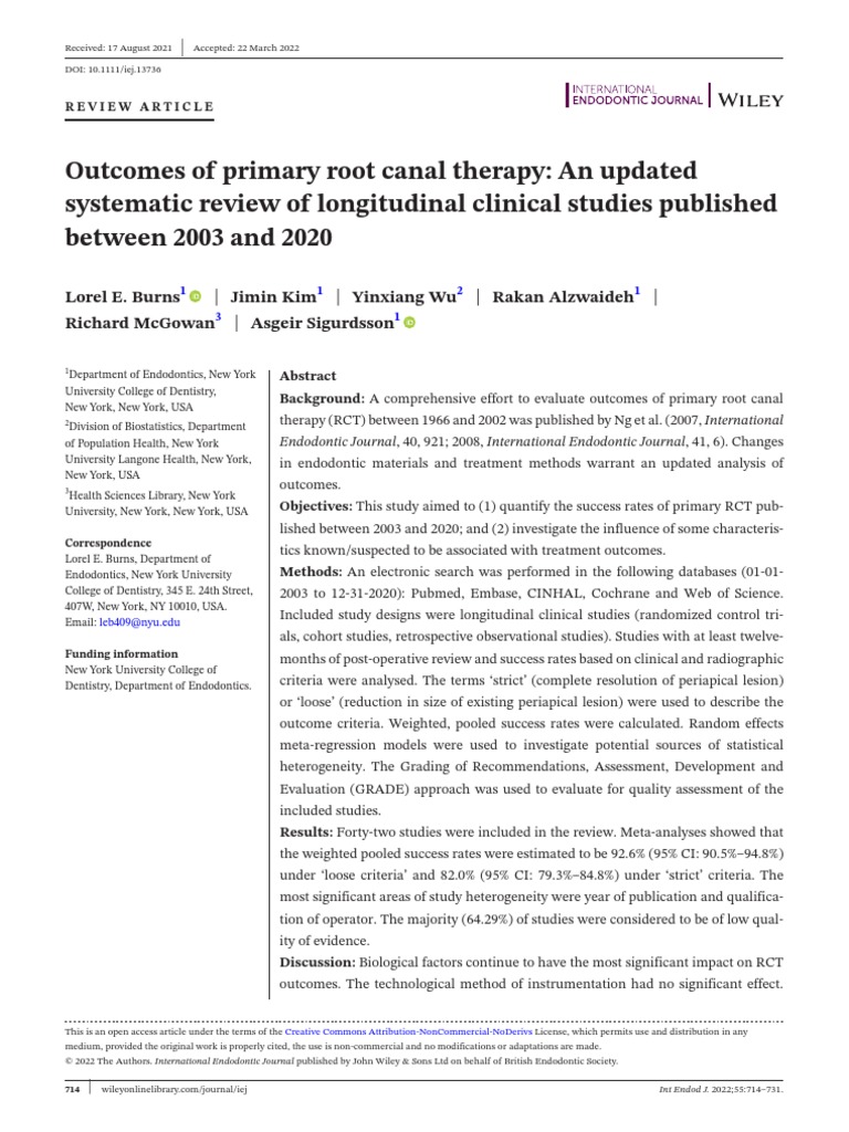 Int Endodontic J - 2022 - Burns - Outcomes of Primary Root Canal ...