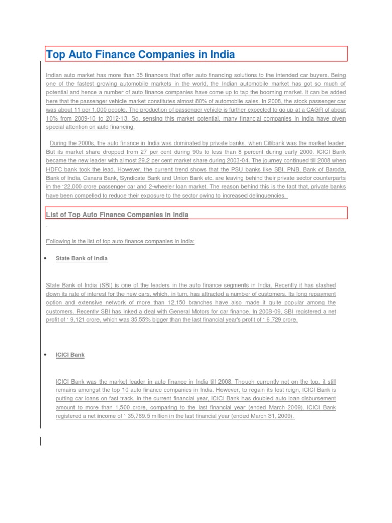 Top Auto Finance Companies in India | PDF | Loans | Banks