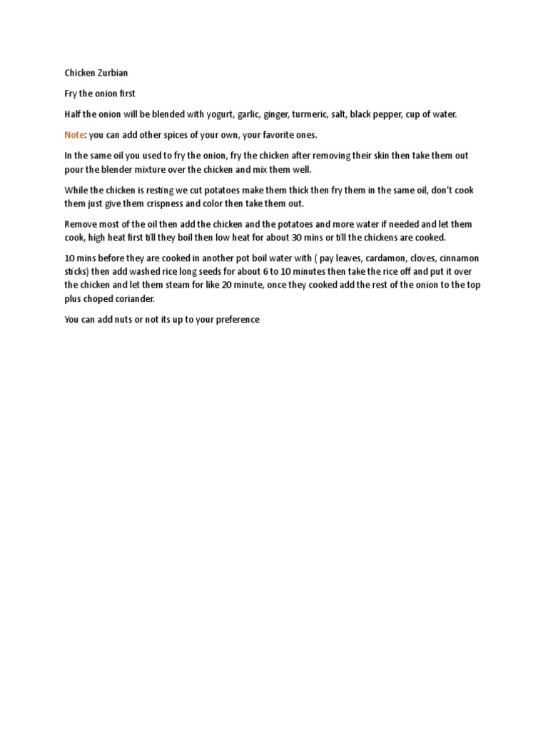 Chicken Zurbian Recipe Guide | PDF
