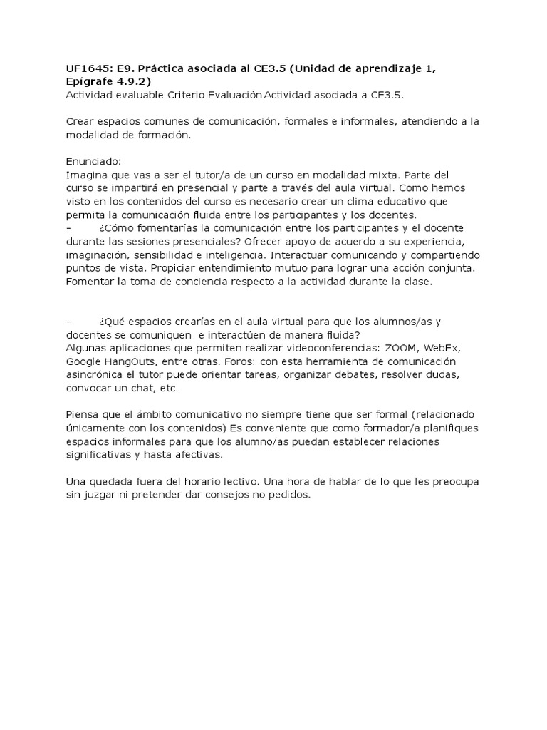 UF1645: E9. Práctica Asociada Al CE3.5 (Unidad de Aprendizaje 1, Epígrafe 4.9.2) | PDF