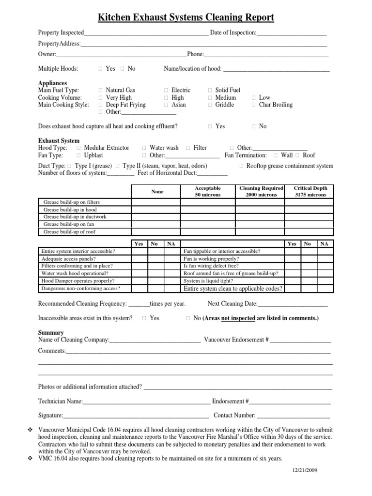 Kitchen Exhaust Cleaning Service Report Template | PDF | Duct (Flow ...