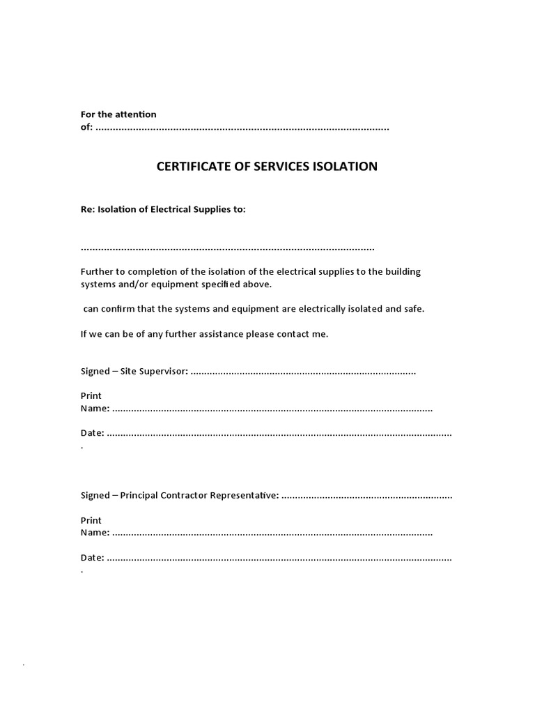 Certificate of Electrical Services Isolation | PDF