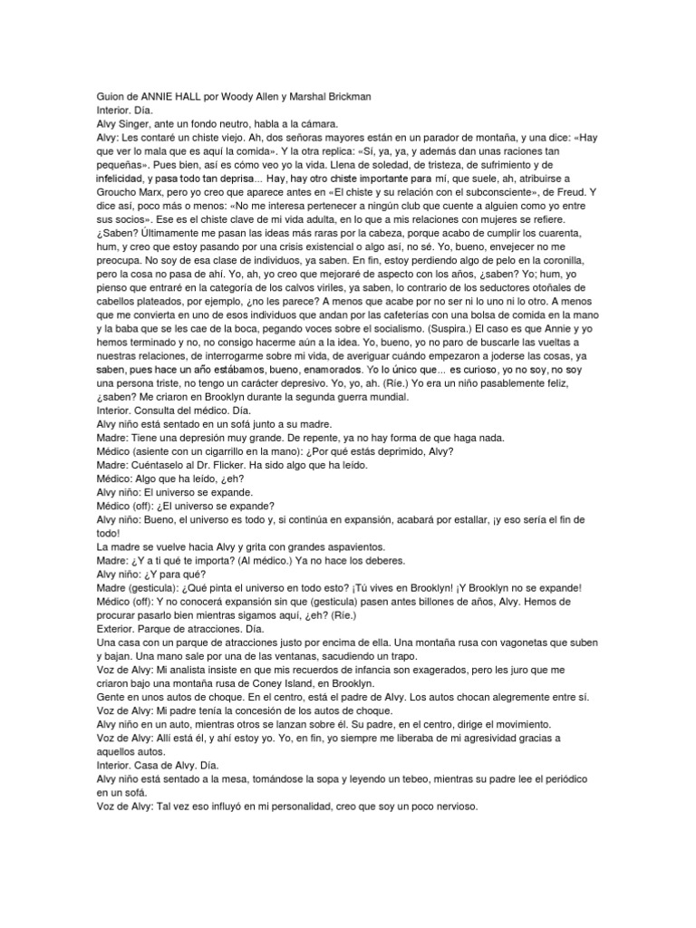Guion de ANNIE HALL Por Woody Allen y Marshal Brickman | PDF | Adultos ...