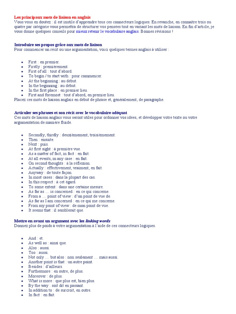 Mots de liaison essentiels en anglais | PDF | Linguistique