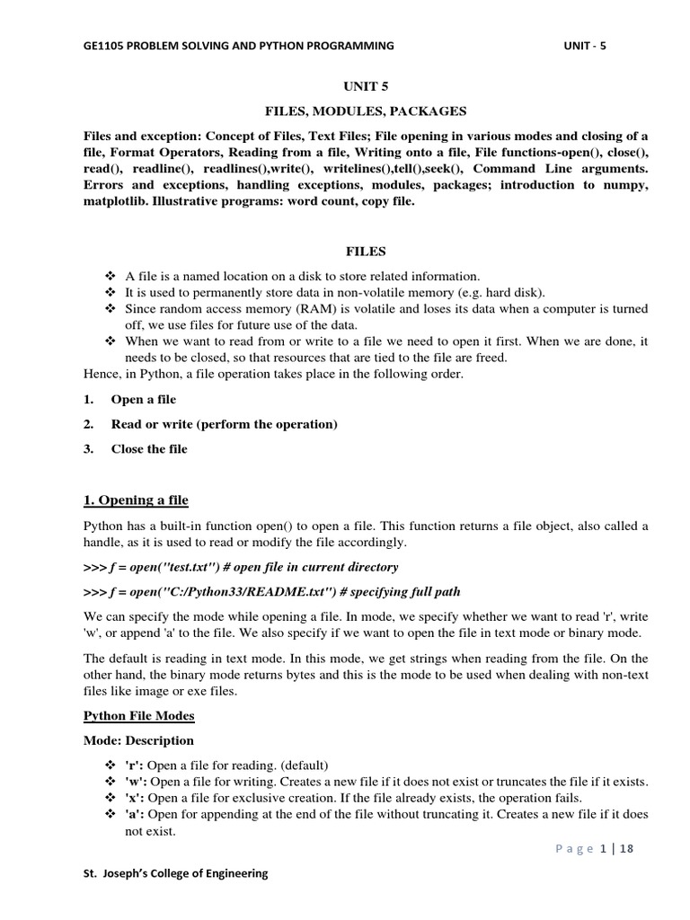 Ge1105 Problem Solving And Python Programming Unit 5 1 Opening A File Pdf Parameter 
