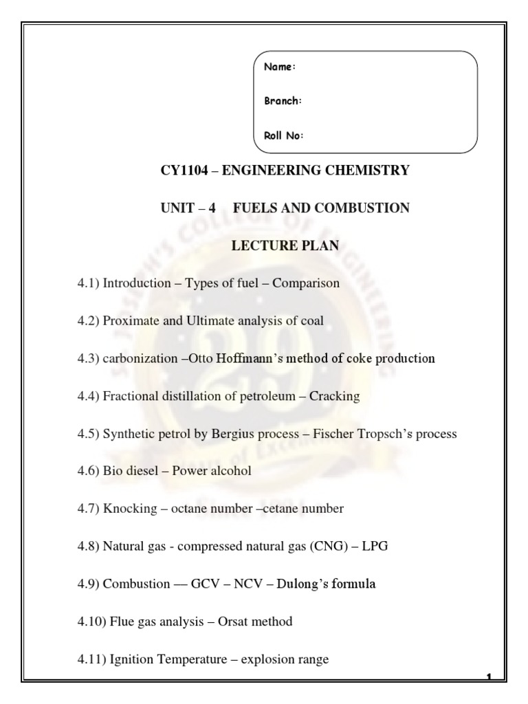 Cy1104 - Engineering Chemistry Unit - 4 Fuels and Combustion Lecture ...