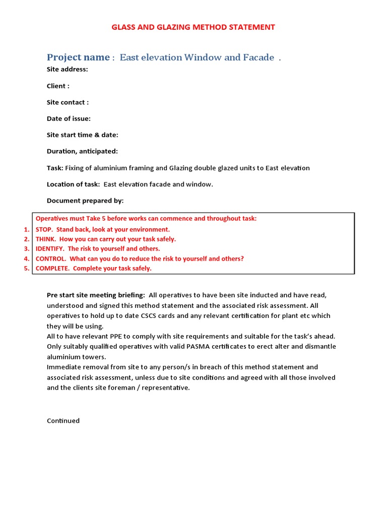 Glazing Method Statement | PDF | Personal Protective Equipment | Safety