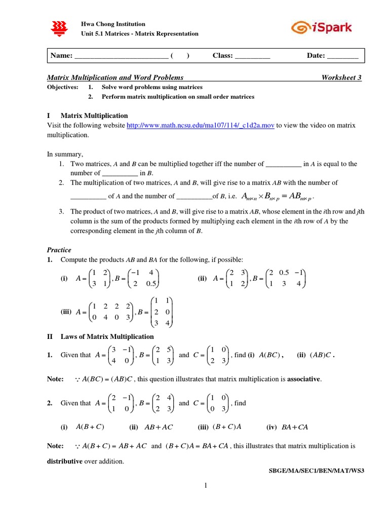 Matrix Multiplication and Word Problems Worksheet 3 | PDF | Matrix (Mathematics) | Multiplication