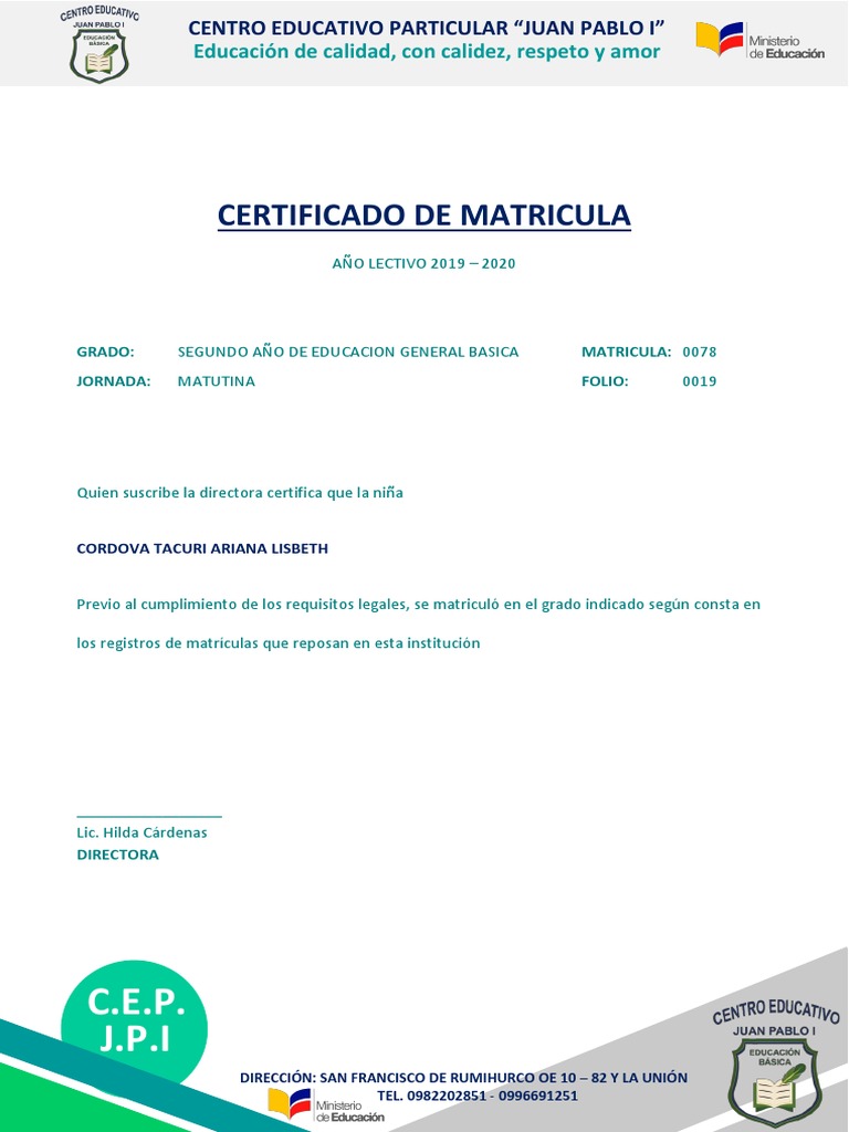 CERTIFICADO DE MATRICULA CORDOVA Y RUIZ | PDF