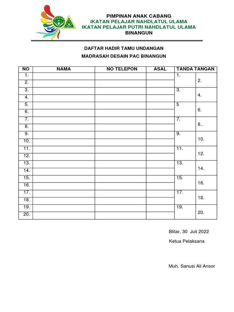 Daftar Hadir Tamu Undangan Madrasah Desain | PDF