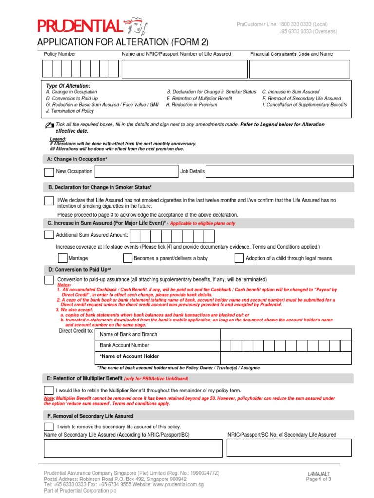 Prudential Policy Alteration Request Form | PDF | Insurance | Life Insurance