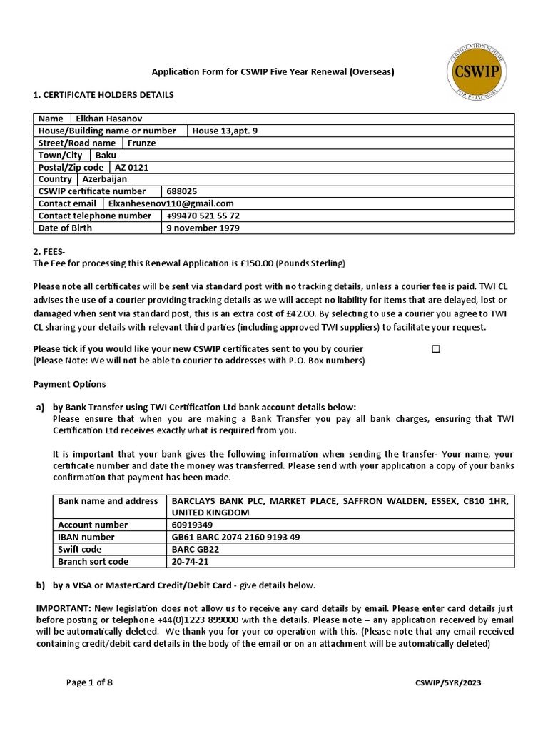 Application Form For CSWIP 5 Year Renewal (Overseas) - v3 | PDF | Debit ...