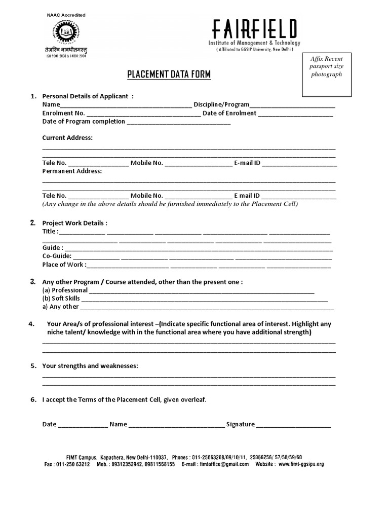 Placement Data Form | PDF