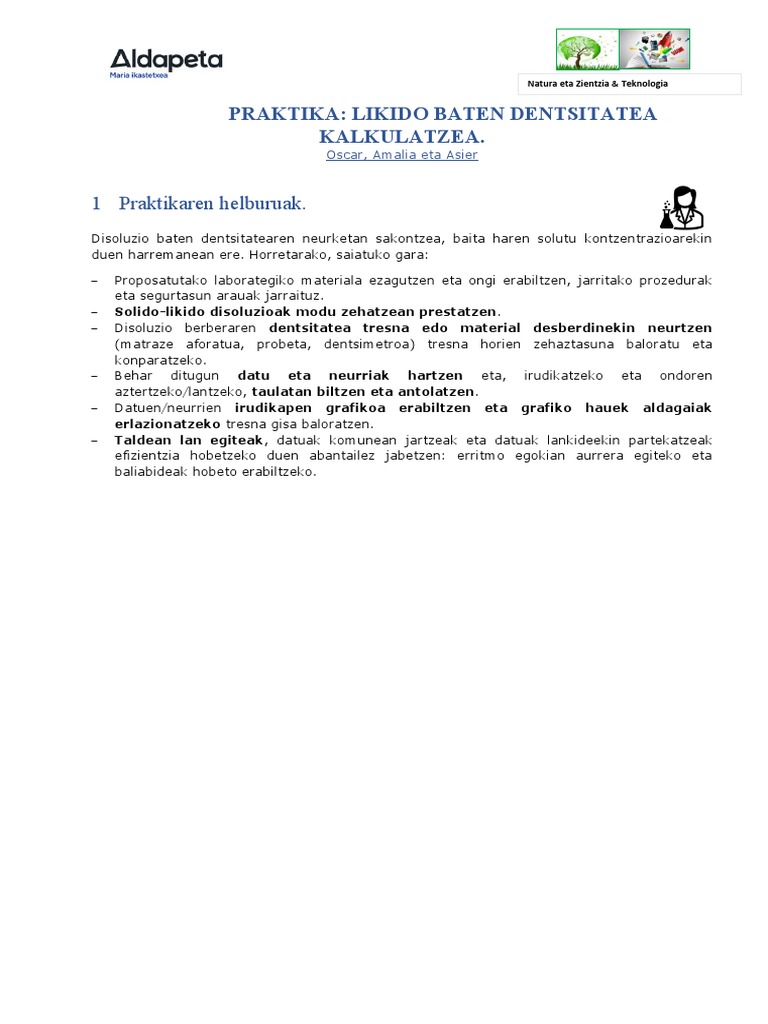 DBH3 - FIKI - P101 - Likido Baten Dentsitatea LABURPENA Amalia Oscar Eta Asier | PDF