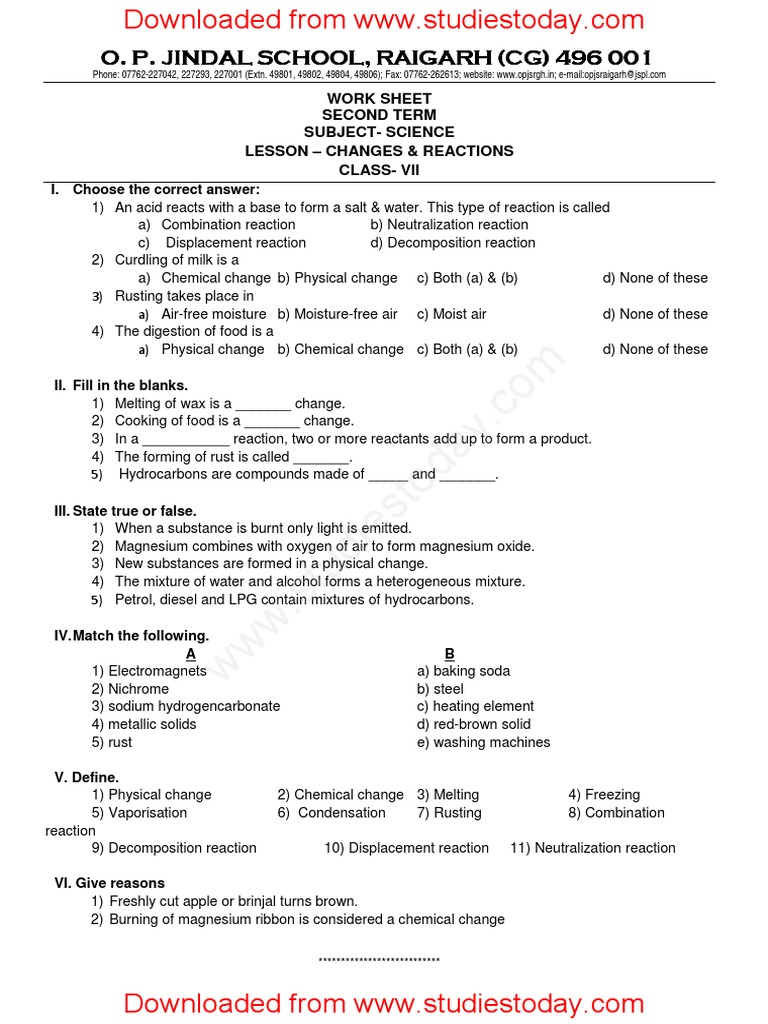 Grade 7 Science Worksheet | PDF | Chemical Reactions | Rust