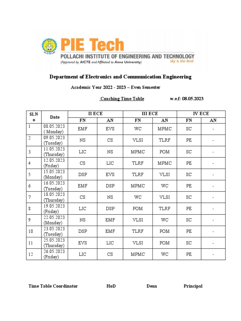 Coaching Class Time Table ECE | PDF