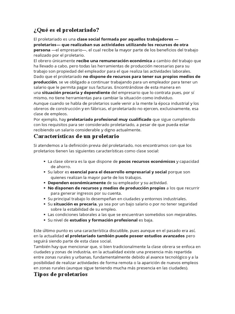 Definición y características del proletariado | PDF | Salario | Sociedad