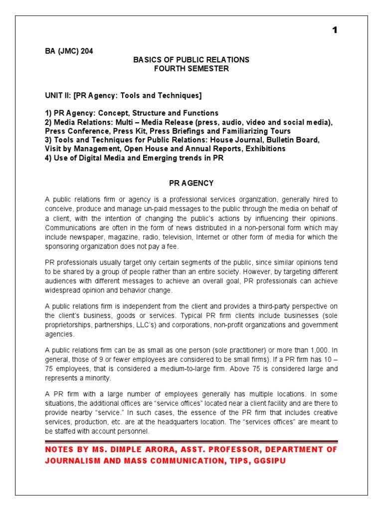 PR Notes - Unit II Final | PDF | Public Relations | Mass Media