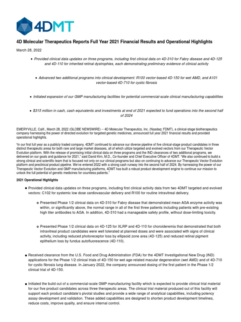 4D Molecular Therapeutics Reports Full Year 2021 Financial Results ...