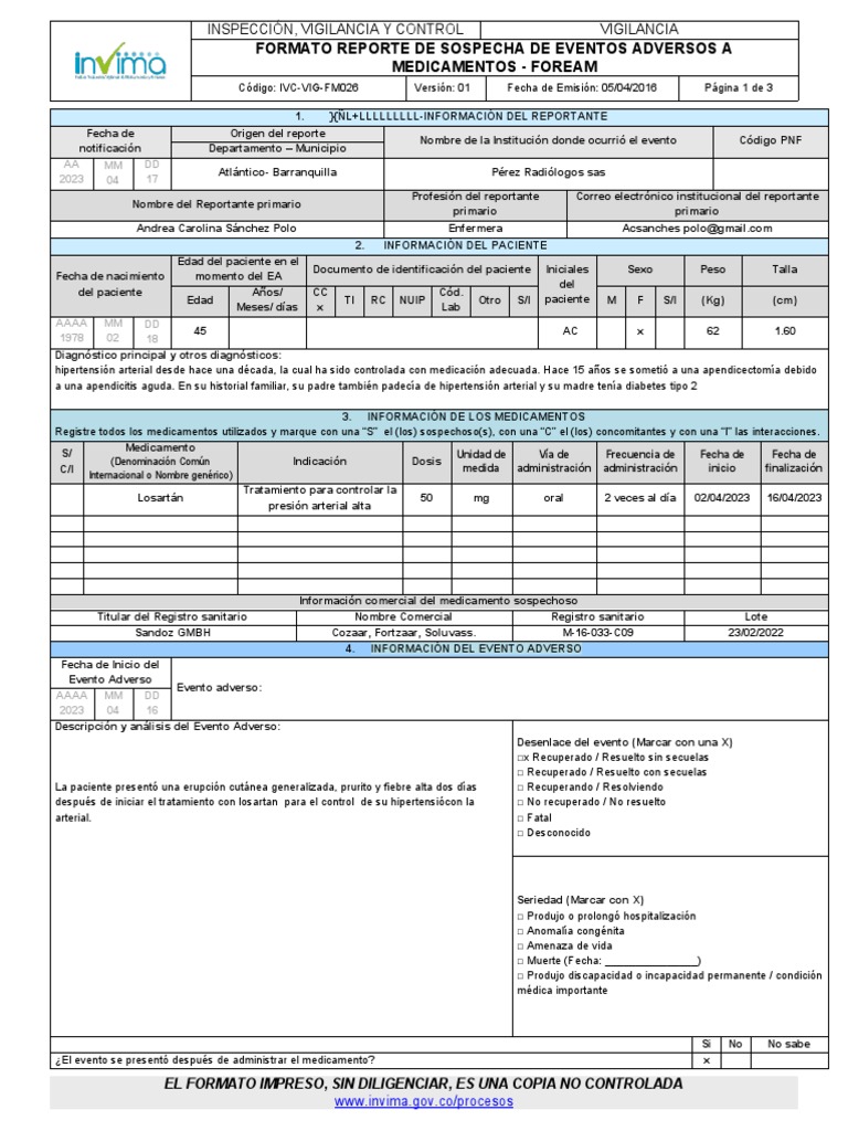 Formato FOREAM para Reporte de Eventos Adversos | PDF | Medicamentos ...