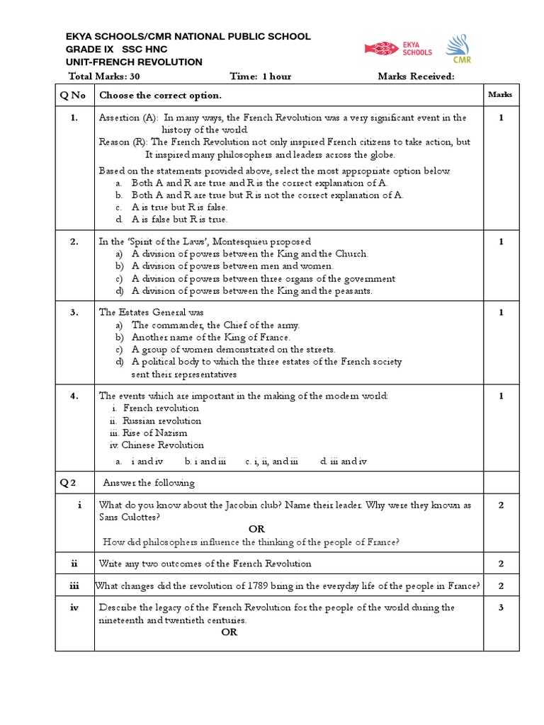 Class 9 French Revolution Test Paper | PDF | French Revolution ...