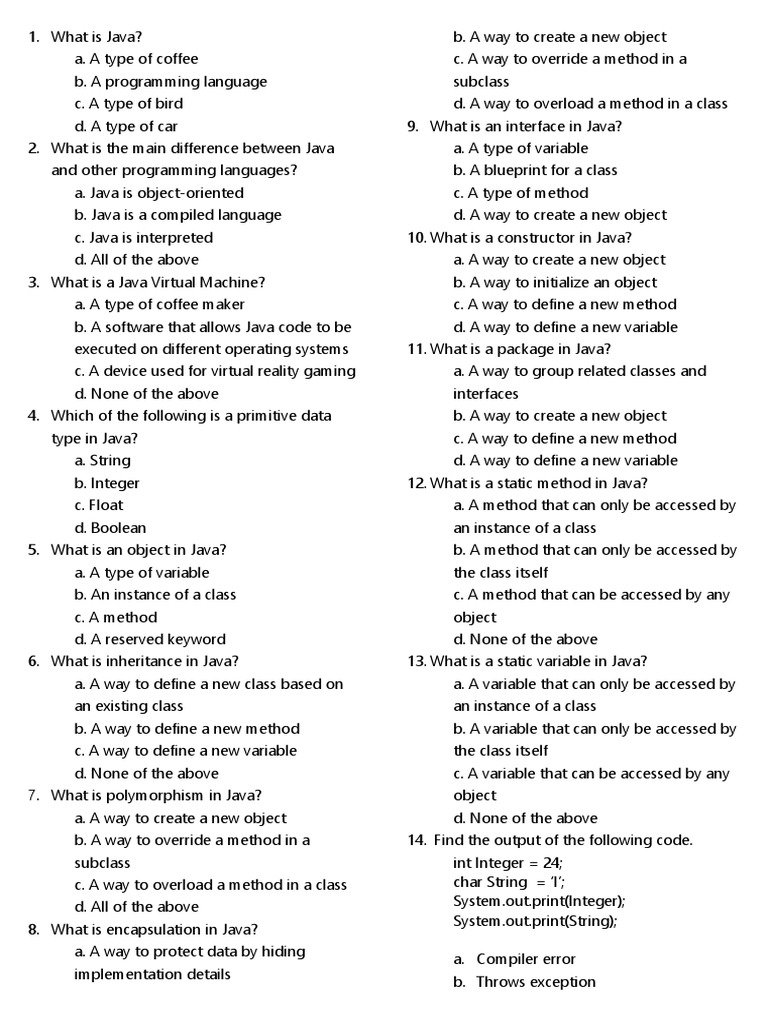Core Java Test Paper | PDF | Method (Computer Programming) | Java ...