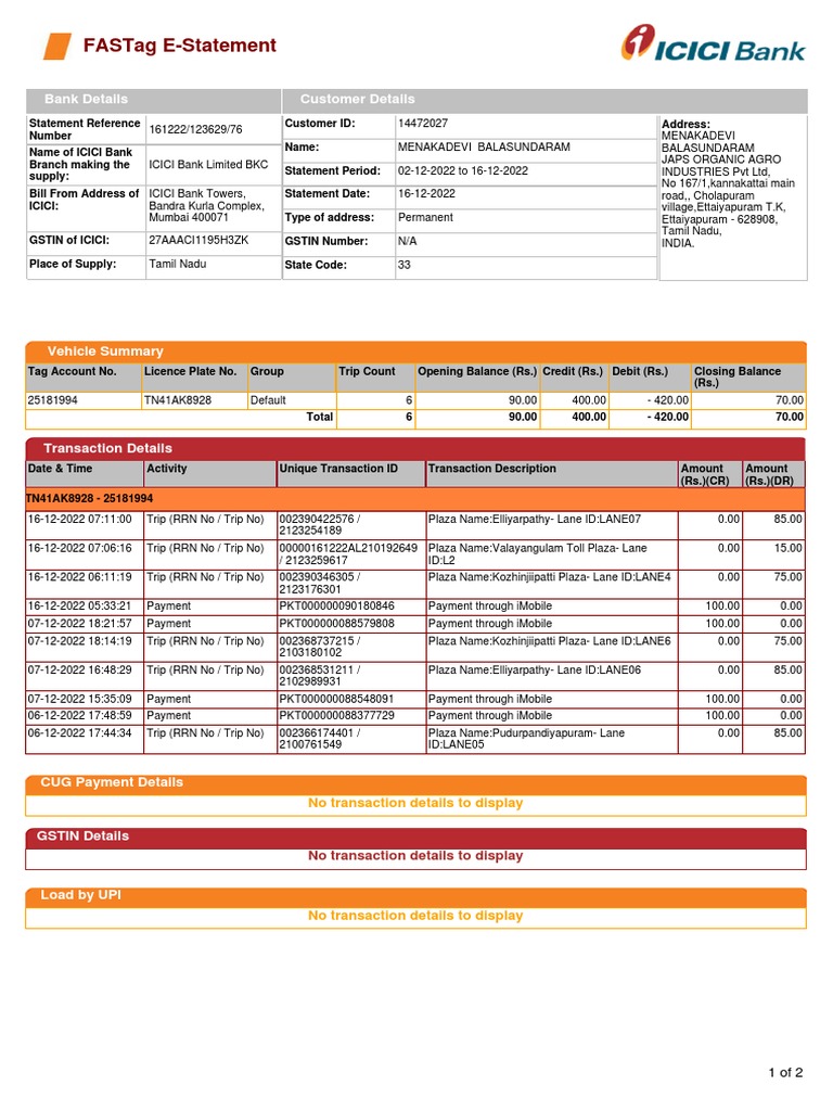 Fastag Statement | PDF | Debits And Credits | Banks