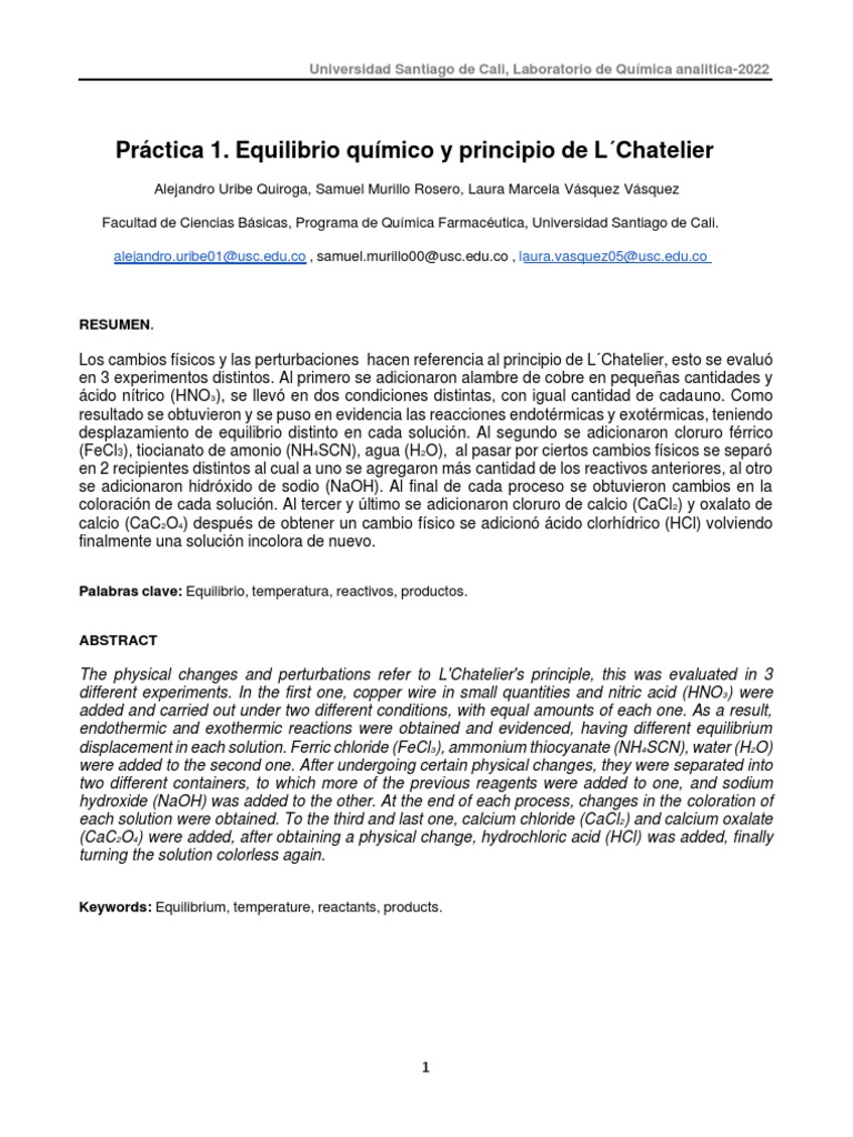 Guía No.1 Principio de L Chatelier | PDF | Equilibrio químico | Reacciones químicas