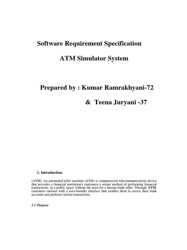 Software Requirement Specification of ATM Simulator System Teena Kumar - 72 & 37 - Compressed ...