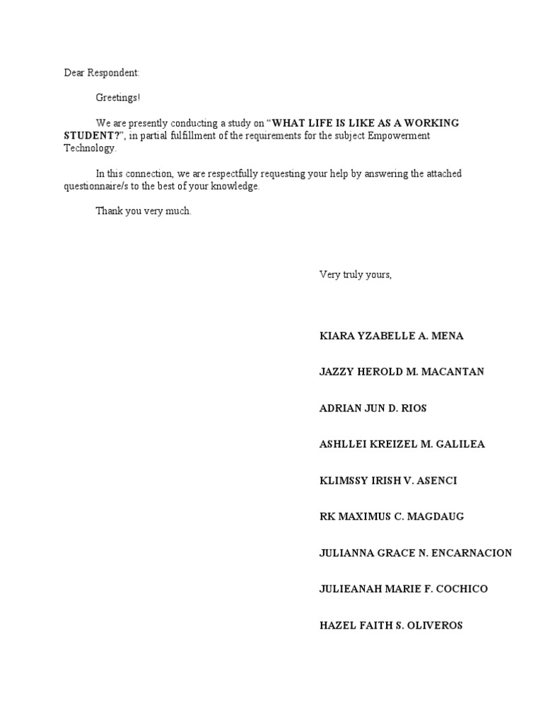 Letter To Respondents For Survey (Group 2) | PDF