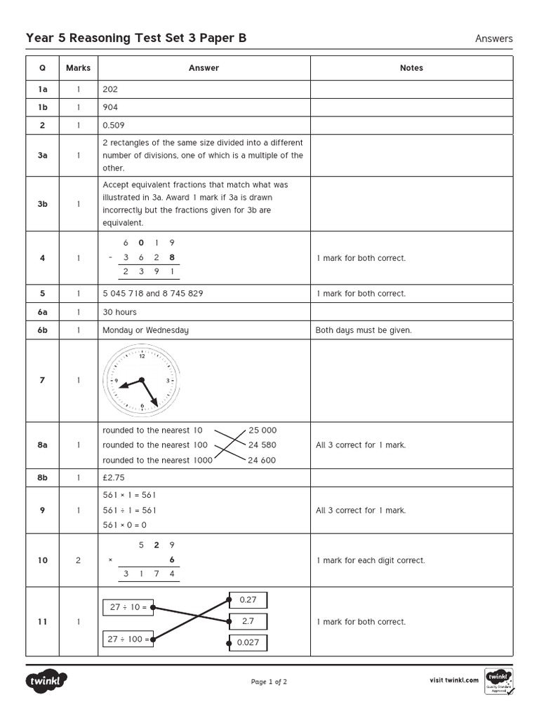 Year 5 Reasoning Test Set 3 Answers | PDF | Mathematics