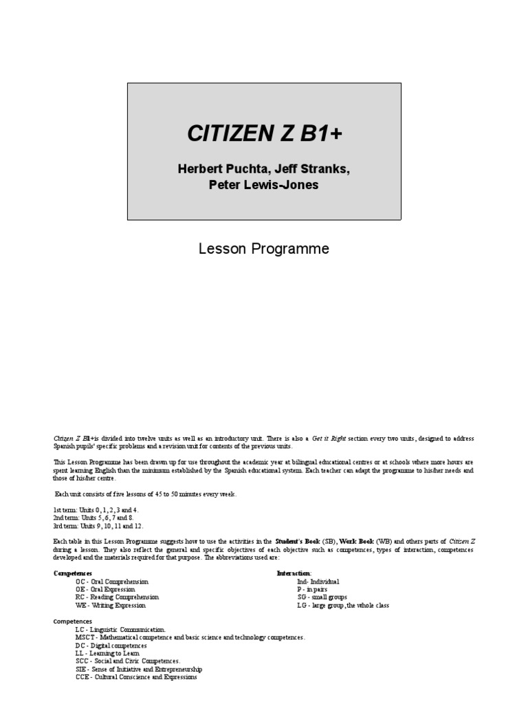 Citizen Z B1 Lesson Programme ENGLISH | PDF | Verb | Teachers