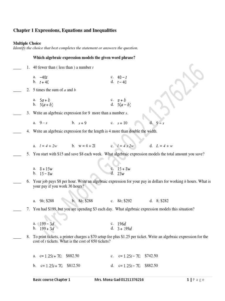 Chapter 1 Expressions | PDF | Equations | Inequality (Mathematics)